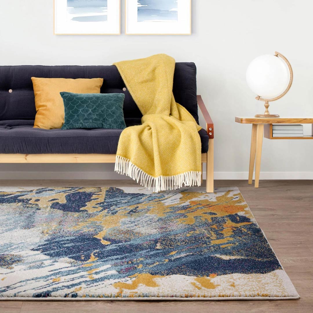 Abstract Resonance Blue & Gold Rug – Lime Lace