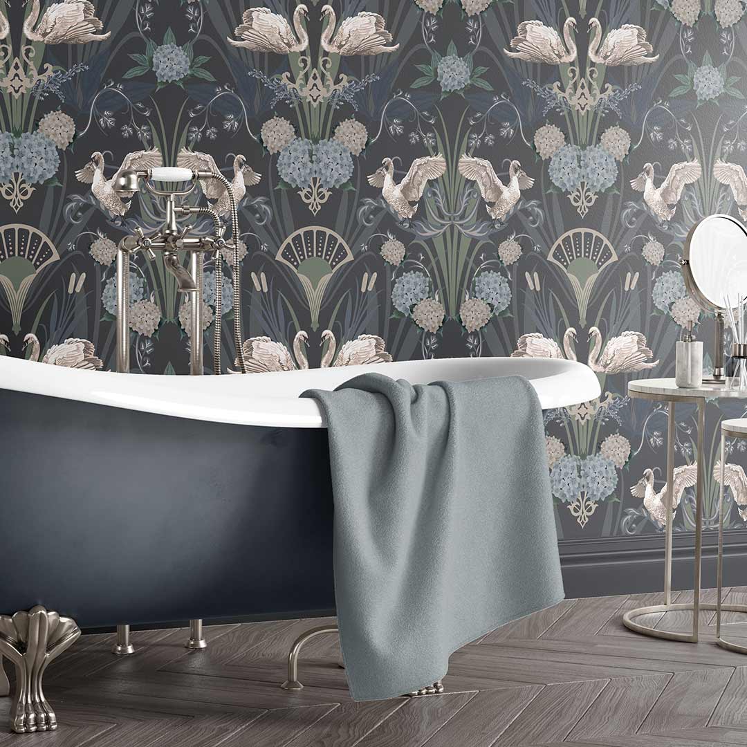 Deco Swan Wallpaper - Blue - Graduate Collection – Lime Lace Ltd