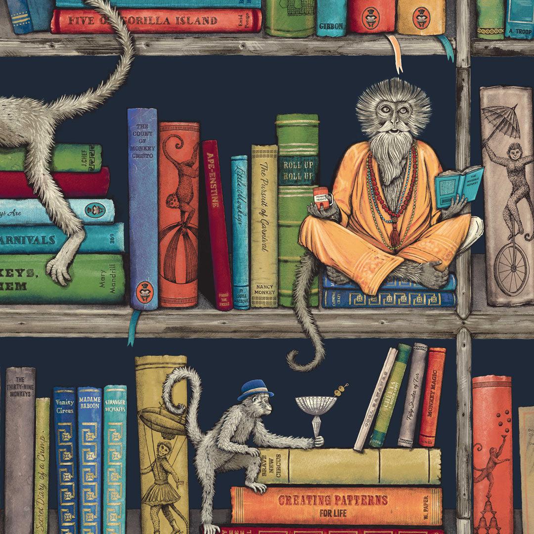 Monkey Library Wallpaper - Colourful Blue - Brand McKenzie – Lime Lace