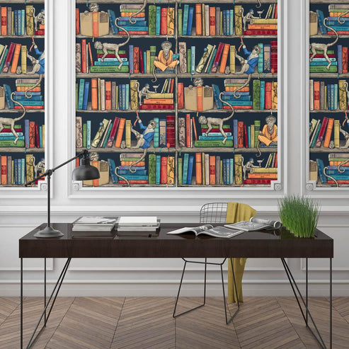 Monkey Library Wallpaper - Colourful Blue - Brand McKenzie – Lime Lace