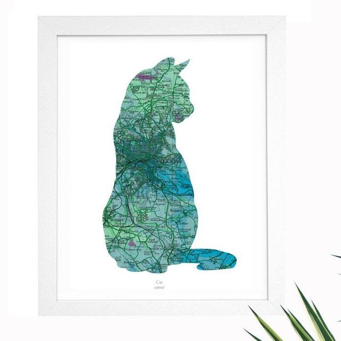 Personalised Vintage Cat Map Print – Lime Lace