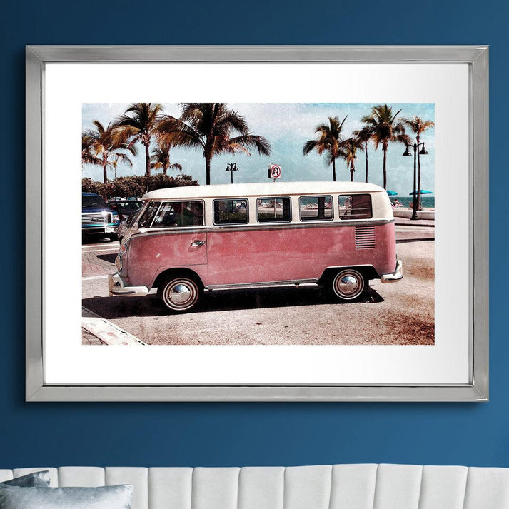 Pink VW Camper Van Framed Wall Art – Lime Lace