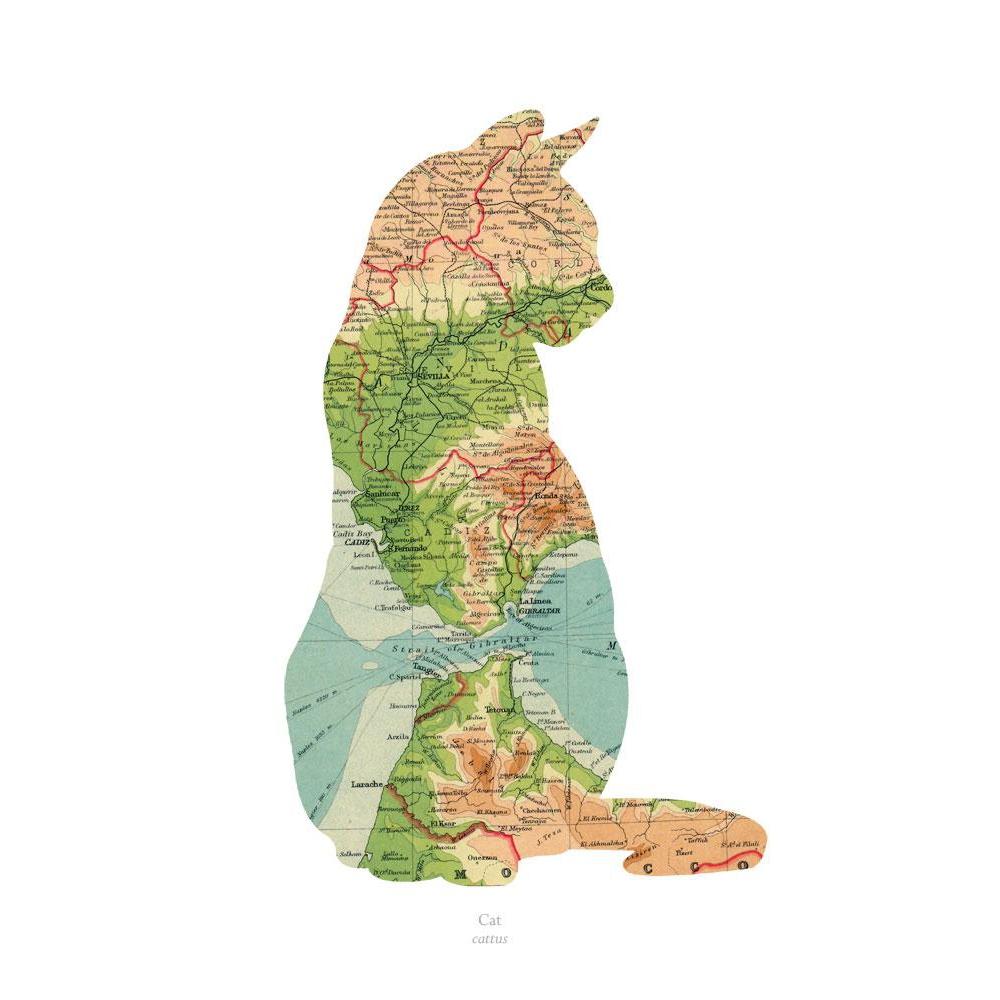 Personalised Vintage Cat Map Print – Lime Lace