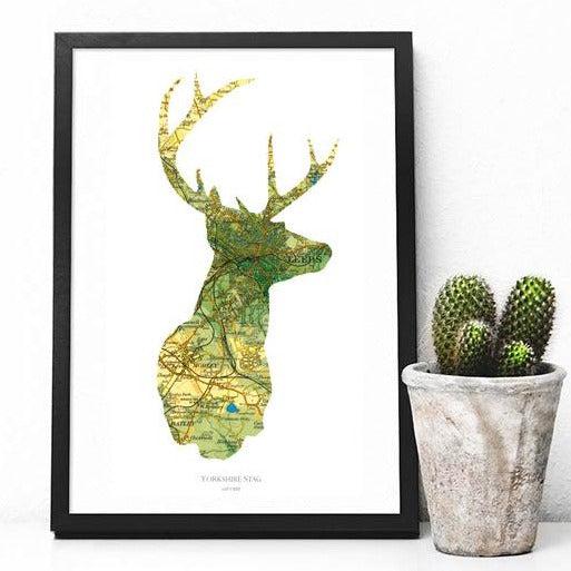 Personalised Vintage Stag Map Print – Lime Lace
